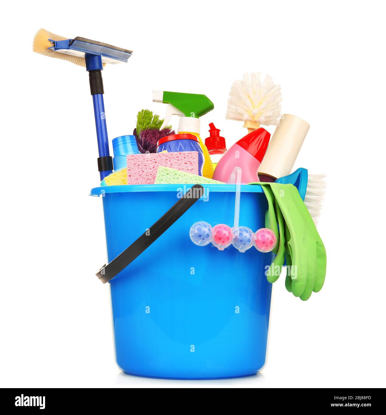 Cleaning set with tools and products in plastic bucket, isolated on ...