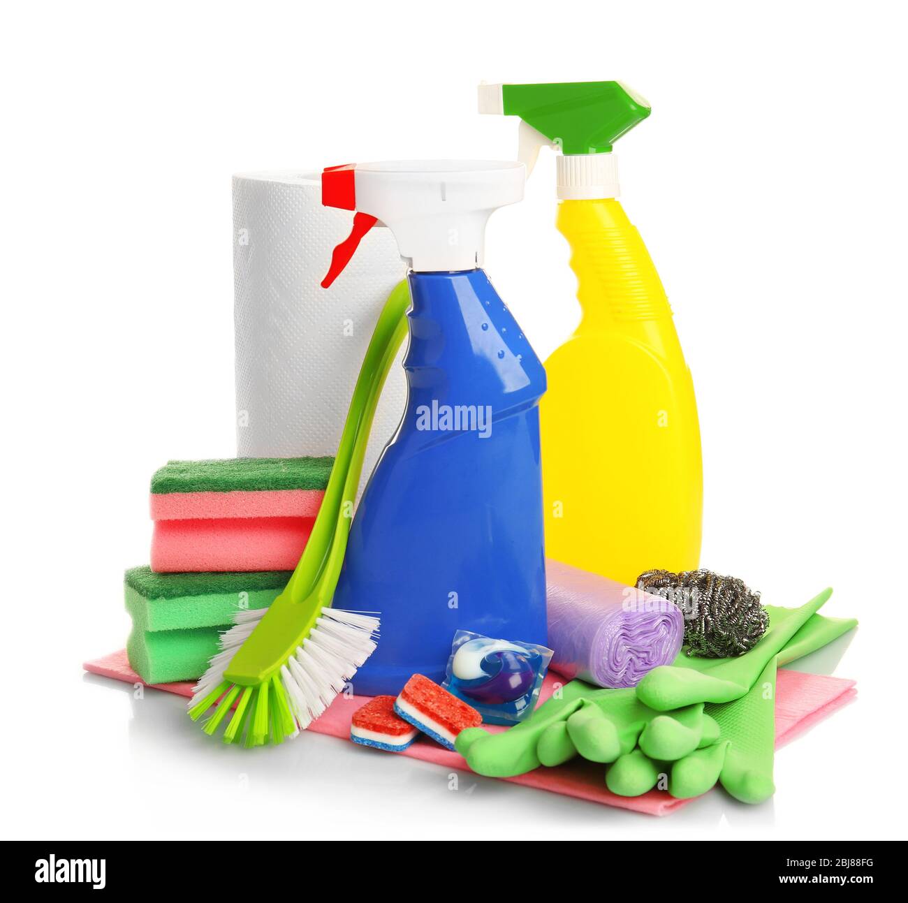 Cleaning set with tools and products, isolated on white Stock Photo - Alamy