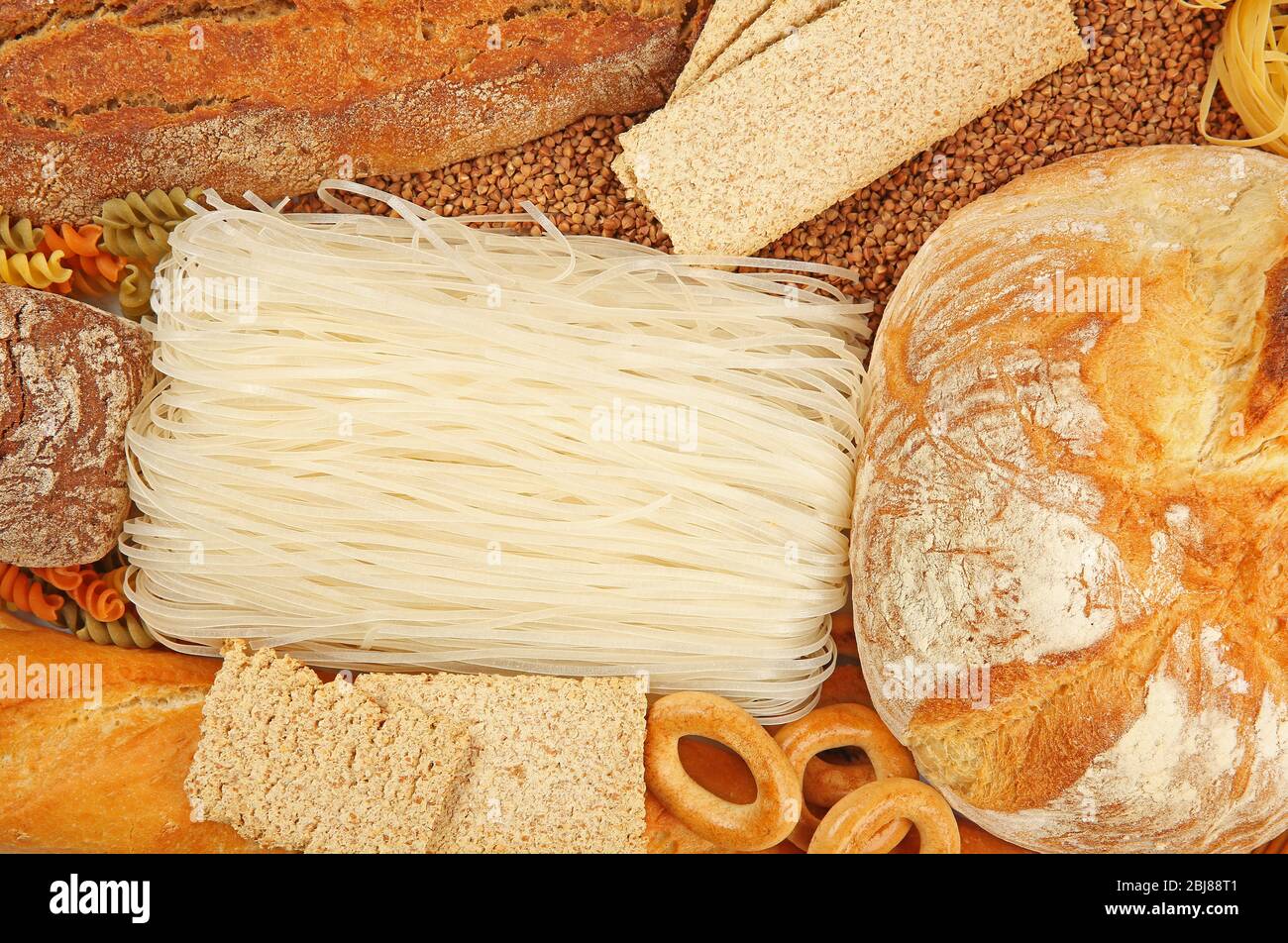 Various types of bread and pasta, top view Stock Photo - Alamy