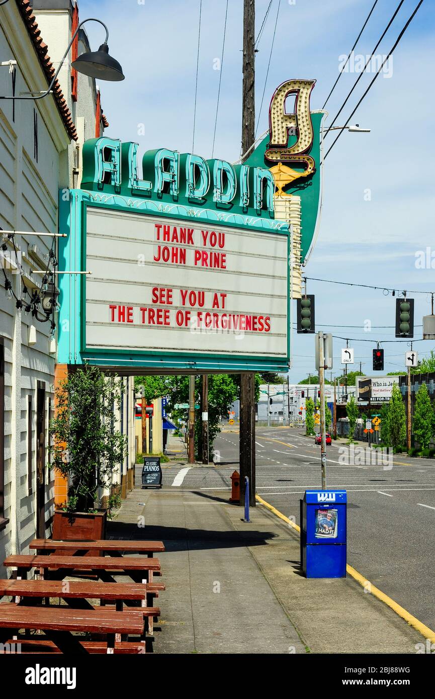 Marquee tribute at the Aladdin Theater music venue in Portland, Oregon ...