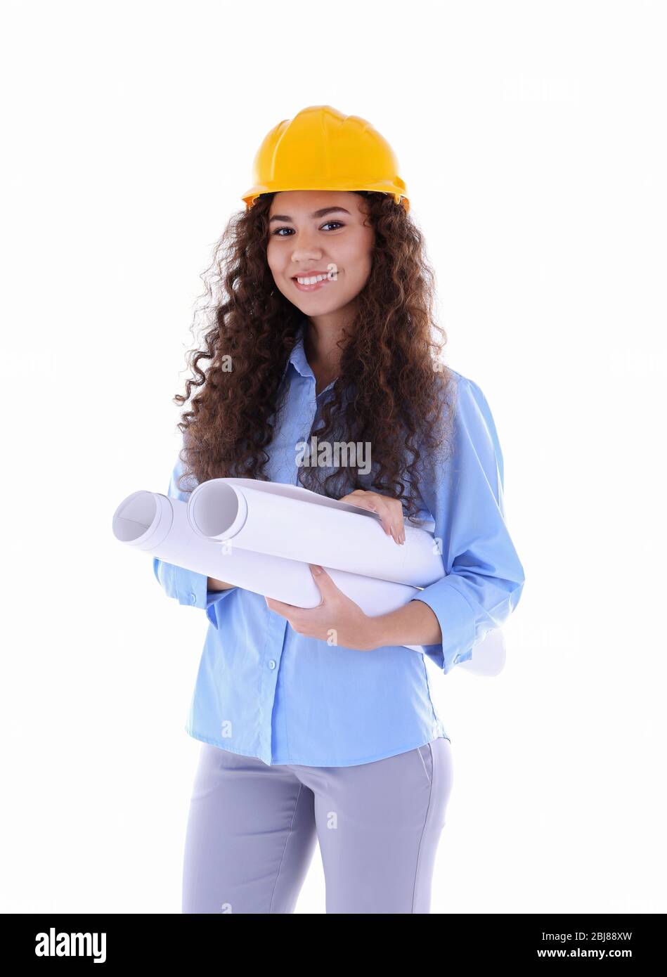 Beautiful girl with blueprints, isolated on white Stock Photo - Alamy