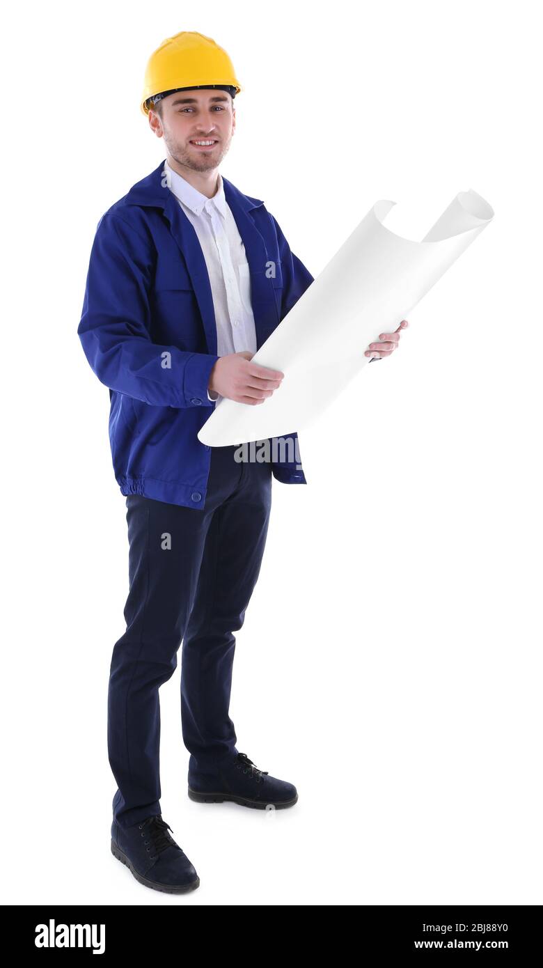 Professional engineer with blueprint, isolated on white Stock Photo - Alamy