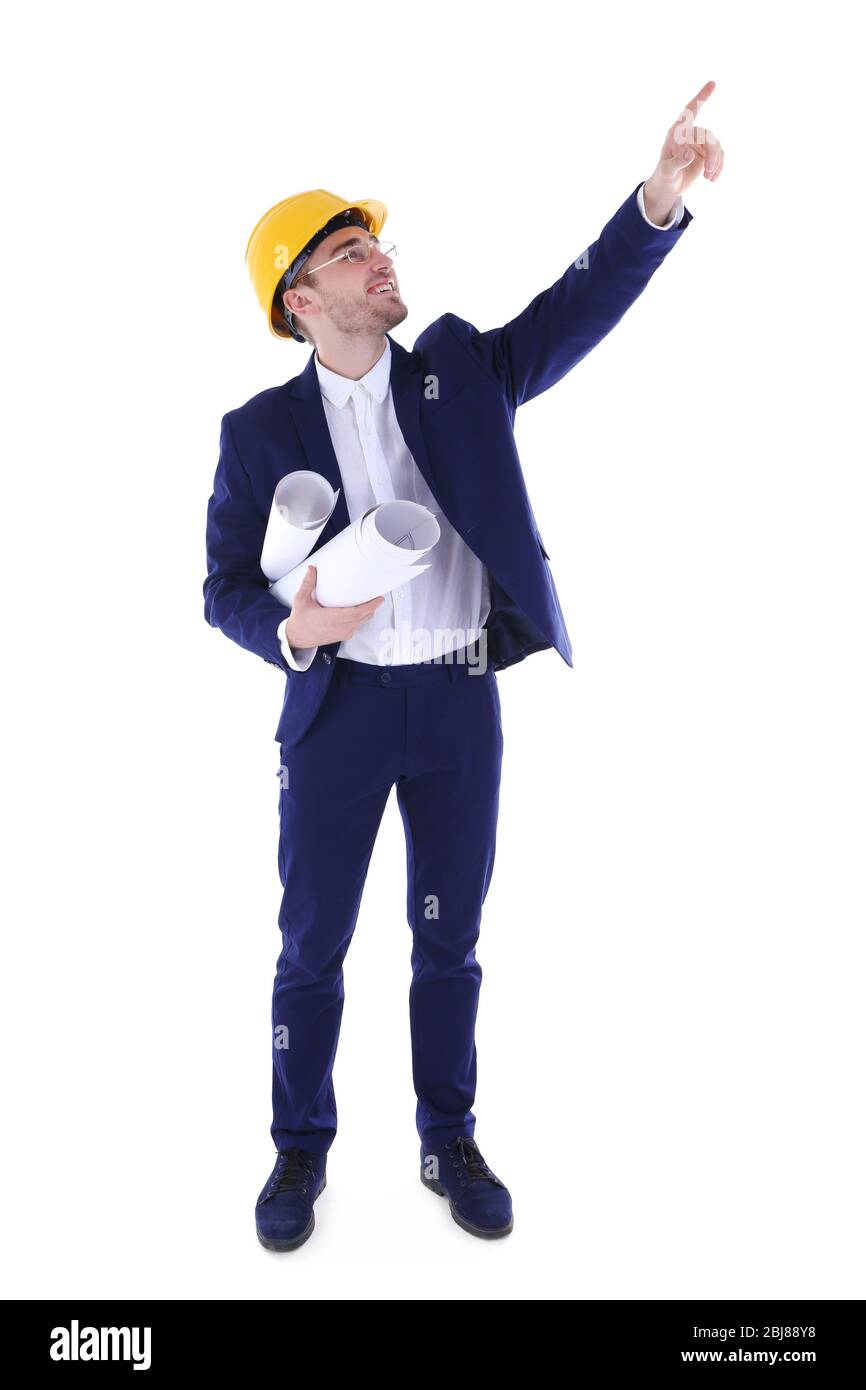 Professional engineer with blueprint, isolated on white Stock Photo - Alamy