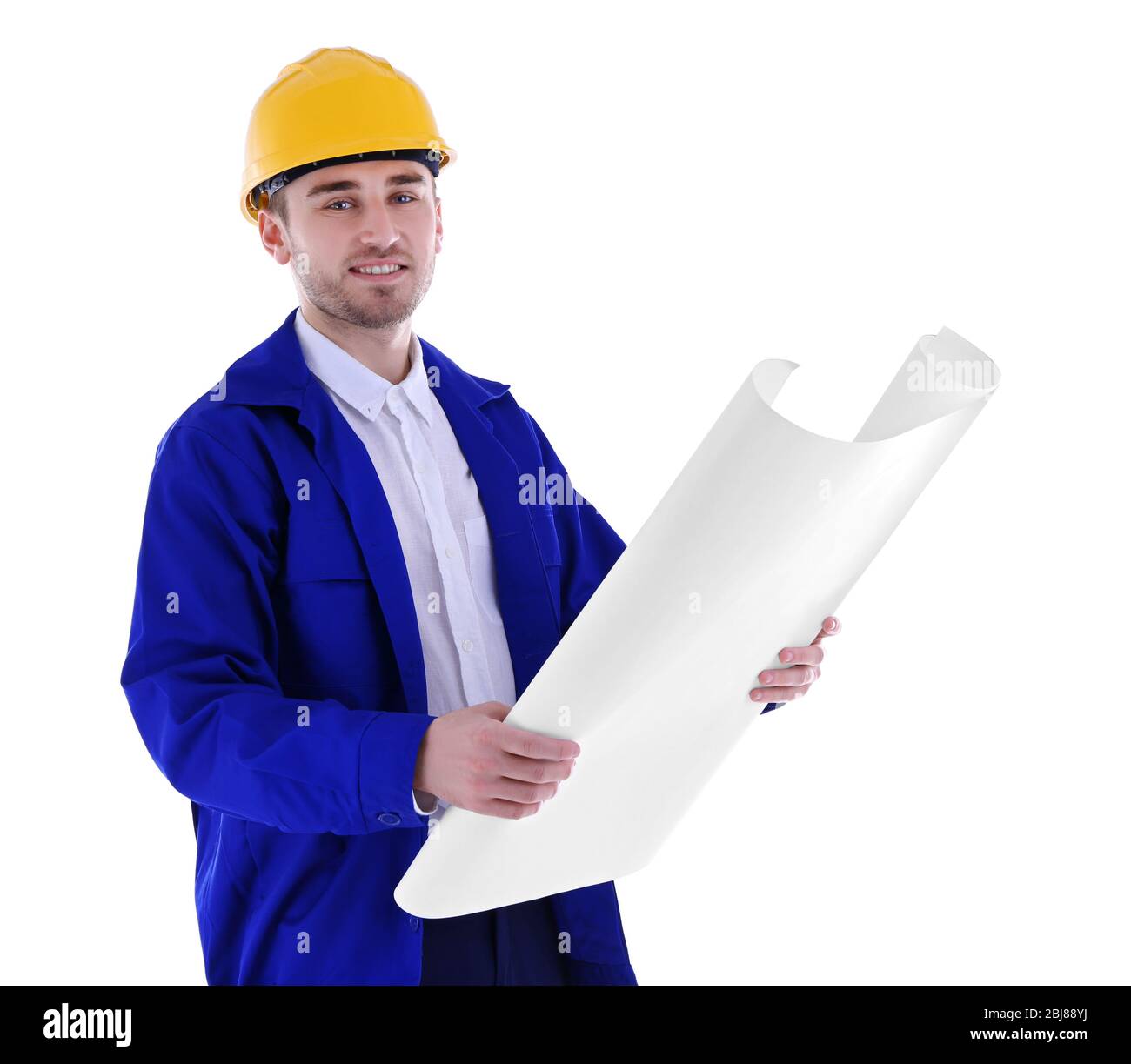 Professional engineer with blueprint, isolated on white Stock Photo - Alamy