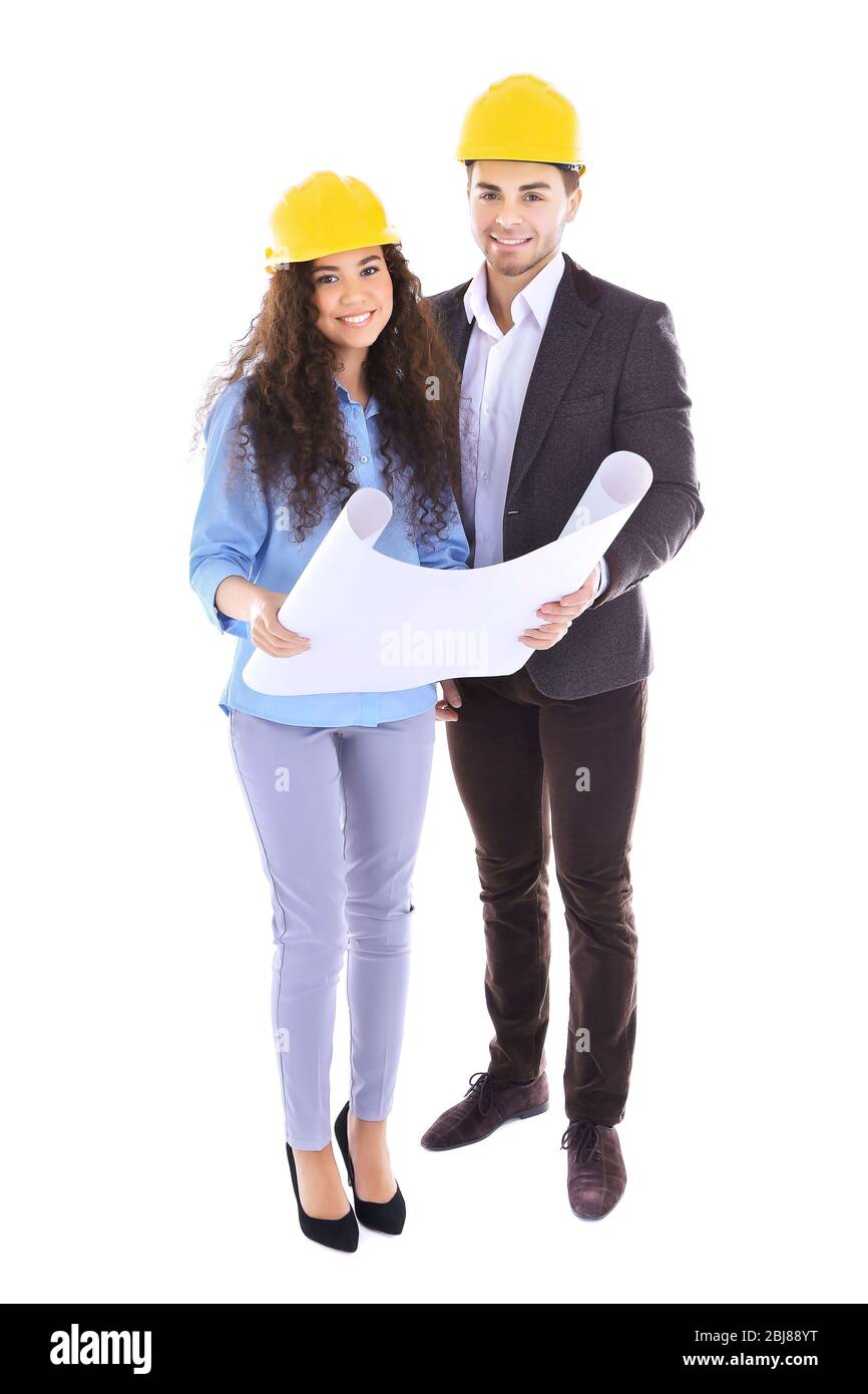 Few engineers with blueprint, isolated on white Stock Photo - Alamy