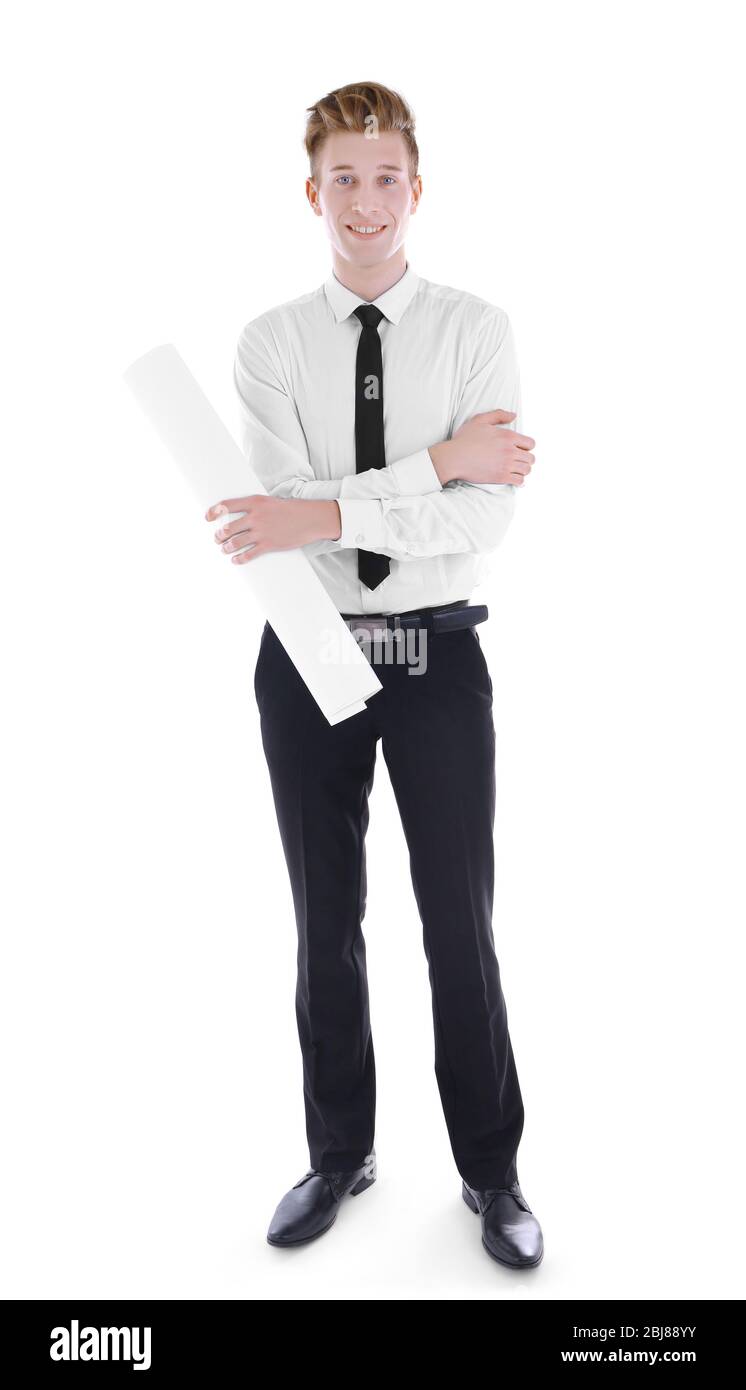 Professional engineer with blueprint, isolated on white Stock Photo - Alamy