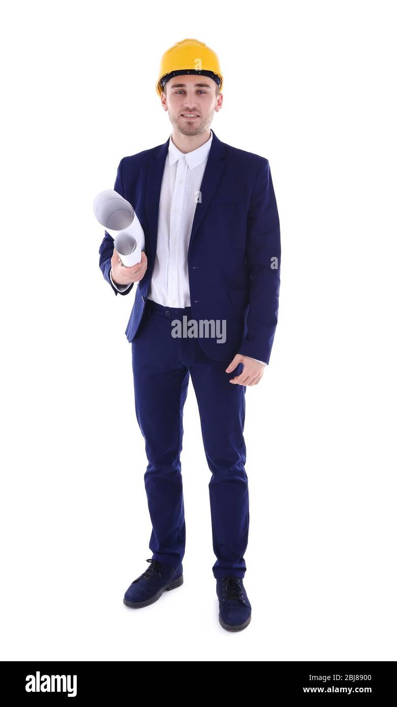 Professional engineer with blueprint, isolated on white Stock Photo - Alamy