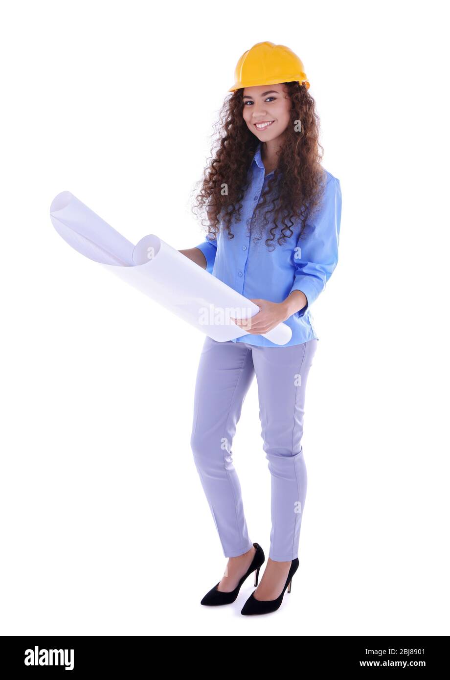Beautiful girl with blueprints, isolated on white Stock Photo - Alamy