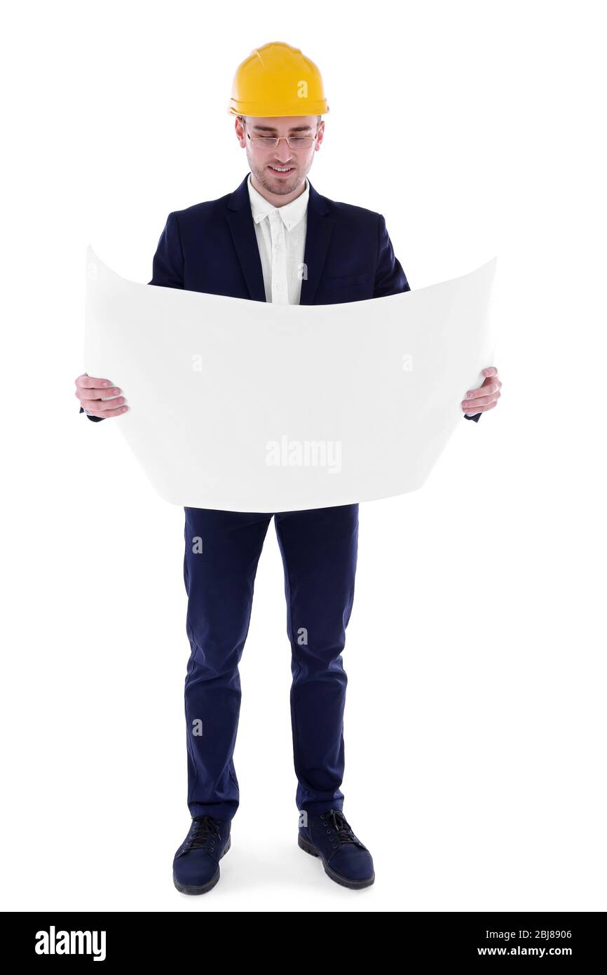 Professional engineer with blueprint, isolated on white Stock Photo - Alamy