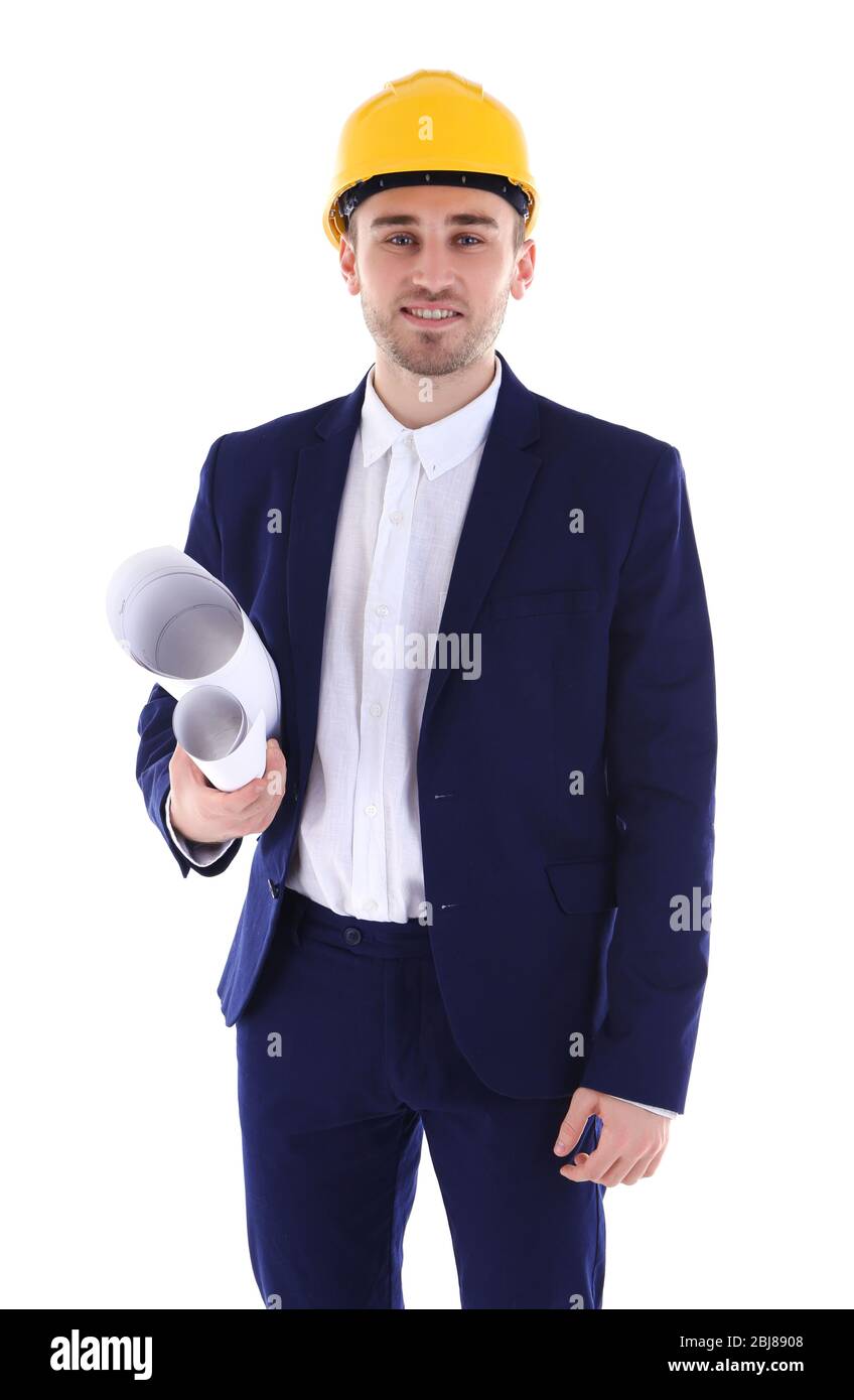 Professional engineer with blueprint, isolated on white Stock Photo - Alamy