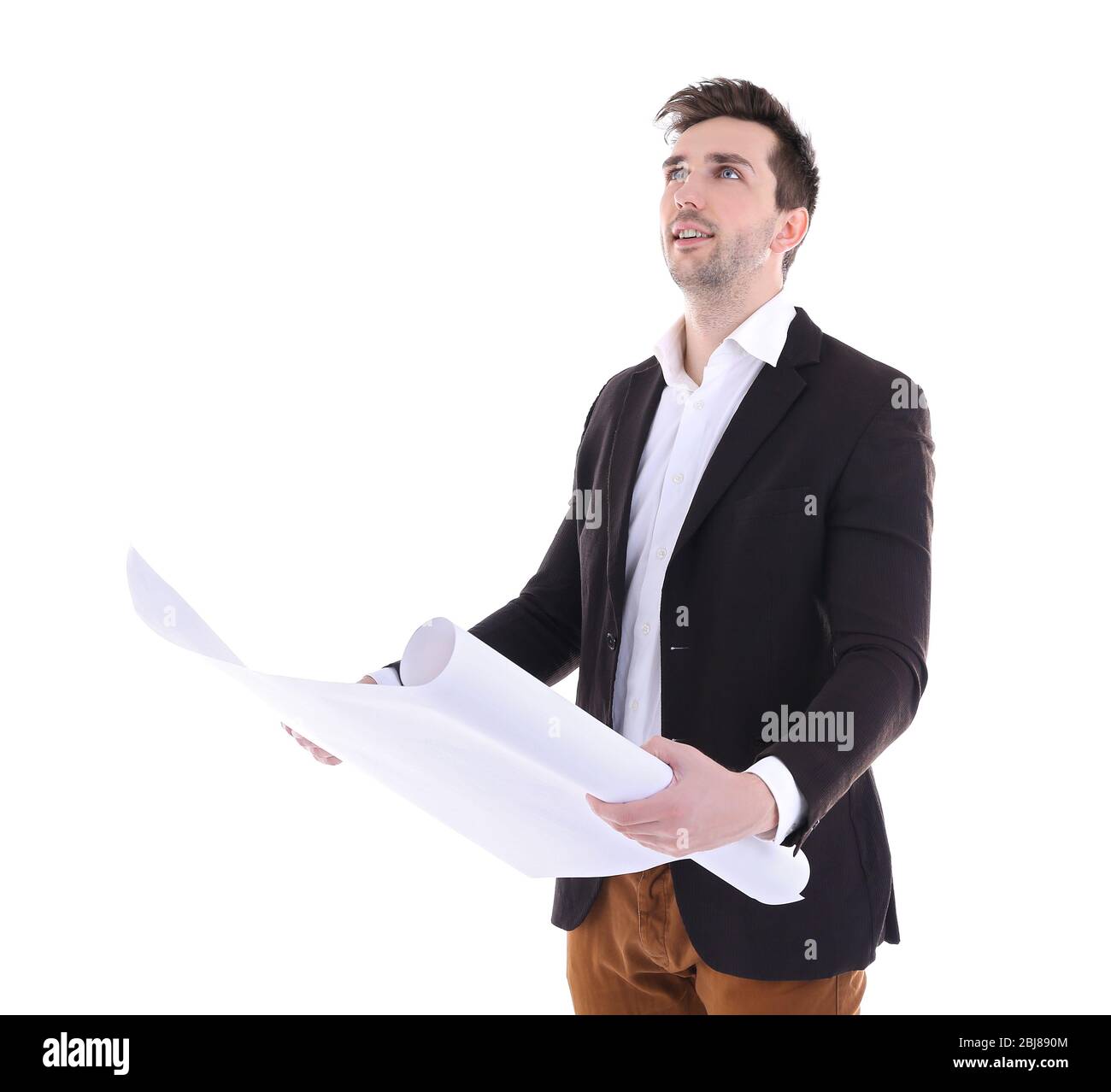 Professional engineer with blueprint, isolated on white Stock Photo - Alamy