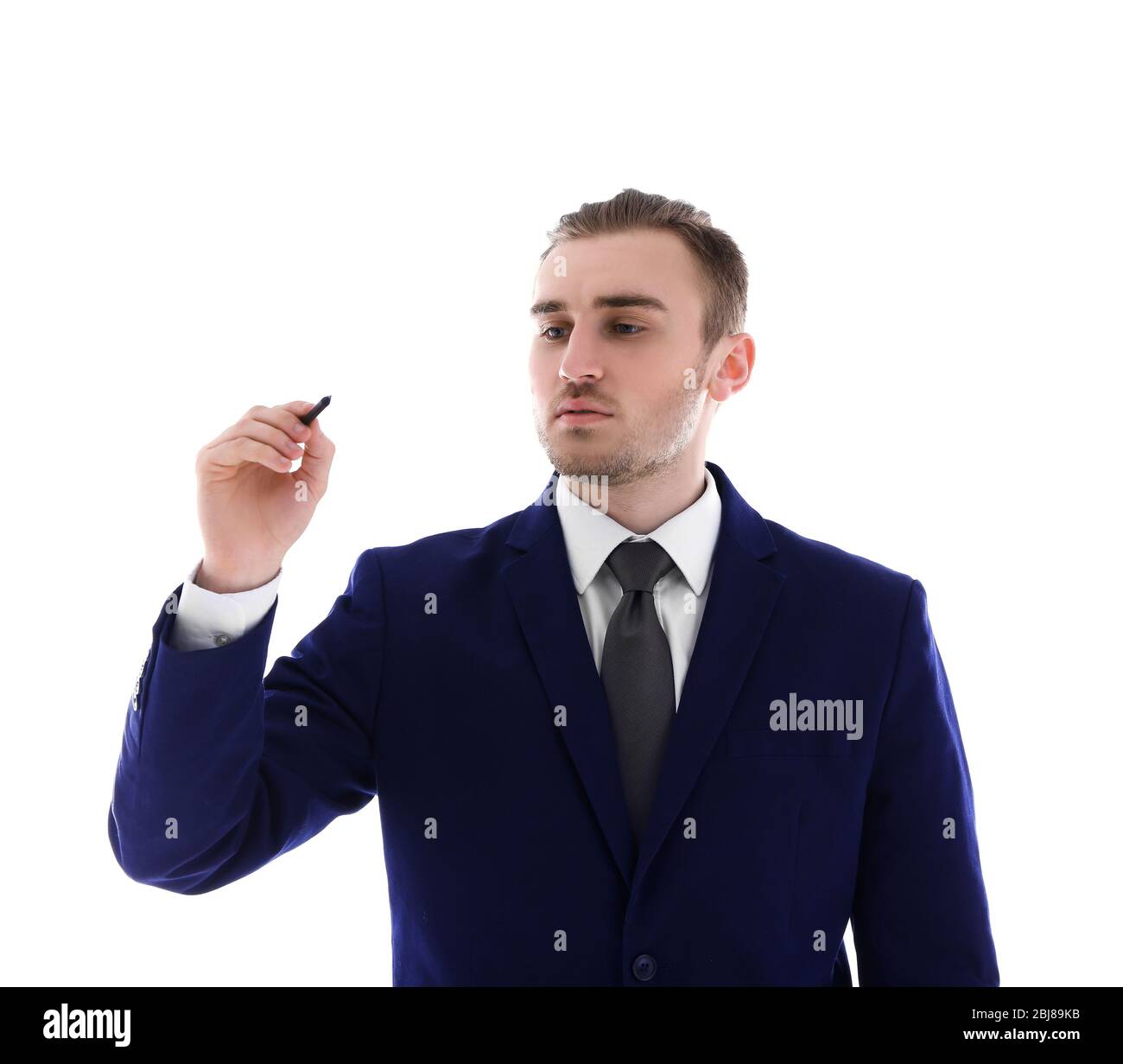 Handsome man writing with marker, isolated on white Stock Photo - Alamy