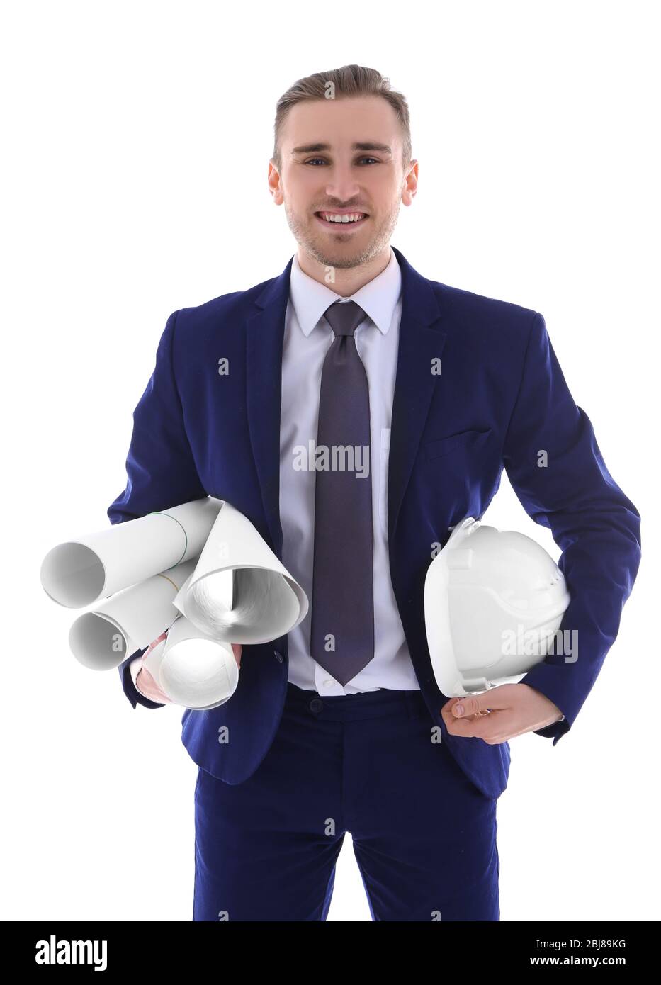 Professional engineer with blueprint, isolated on white Stock Photo - Alamy