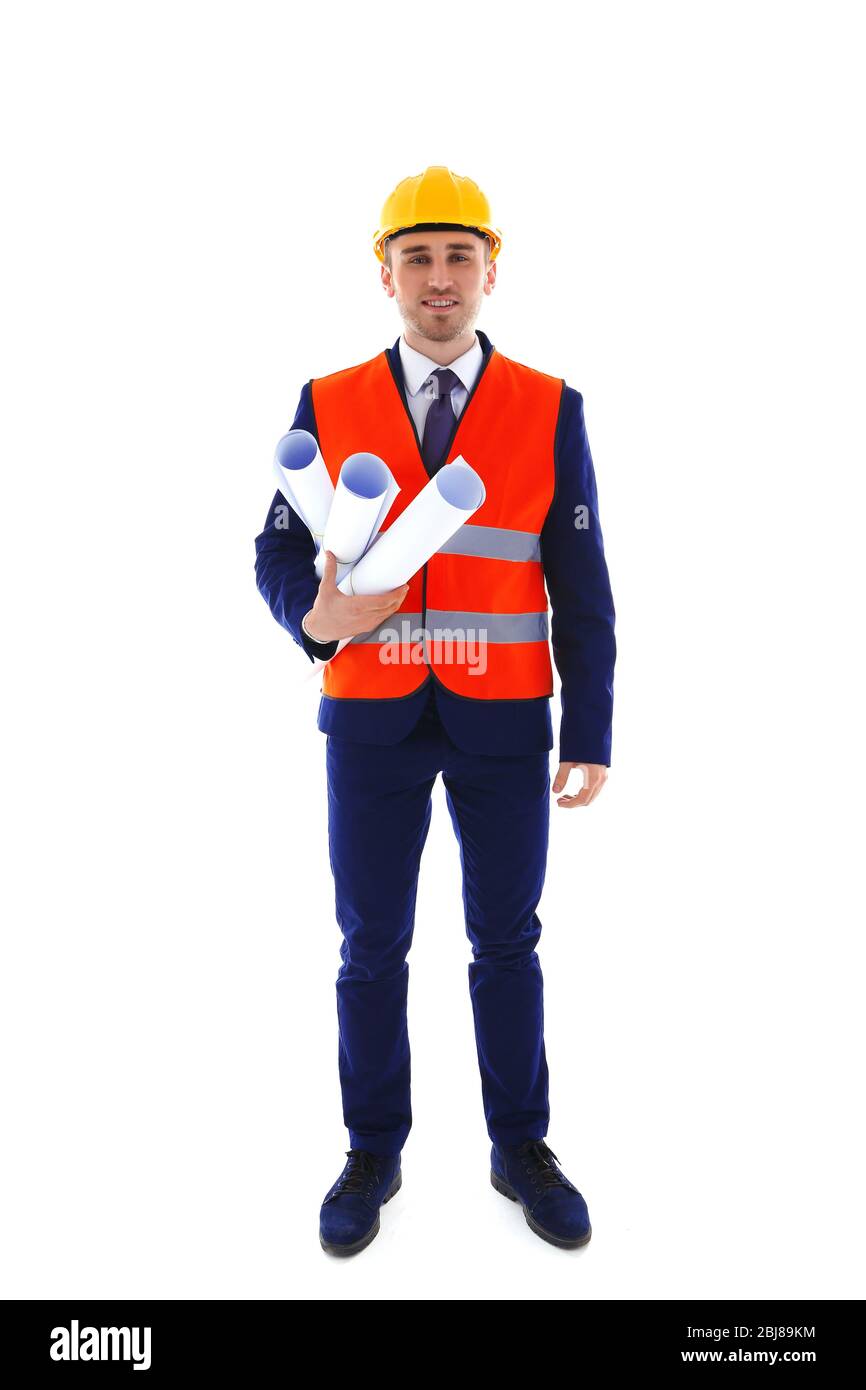 Professional engineer with blueprint, isolated on white Stock Photo - Alamy