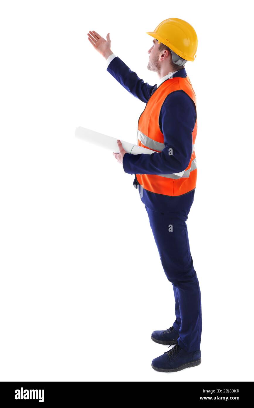 Professional engineer with blueprint, isolated on white Stock Photo - Alamy