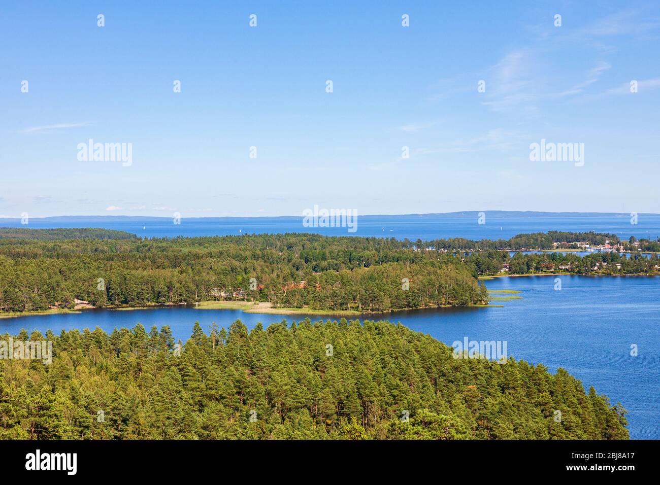 Aerial view at the archipelago at lake Vattern and Karlsborg city in ...