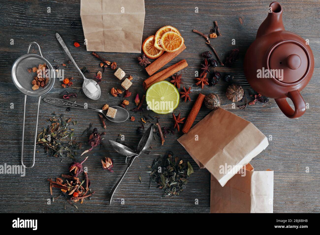 Conception of preparing different leaf tea, flat lay Stock Photo - Alamy