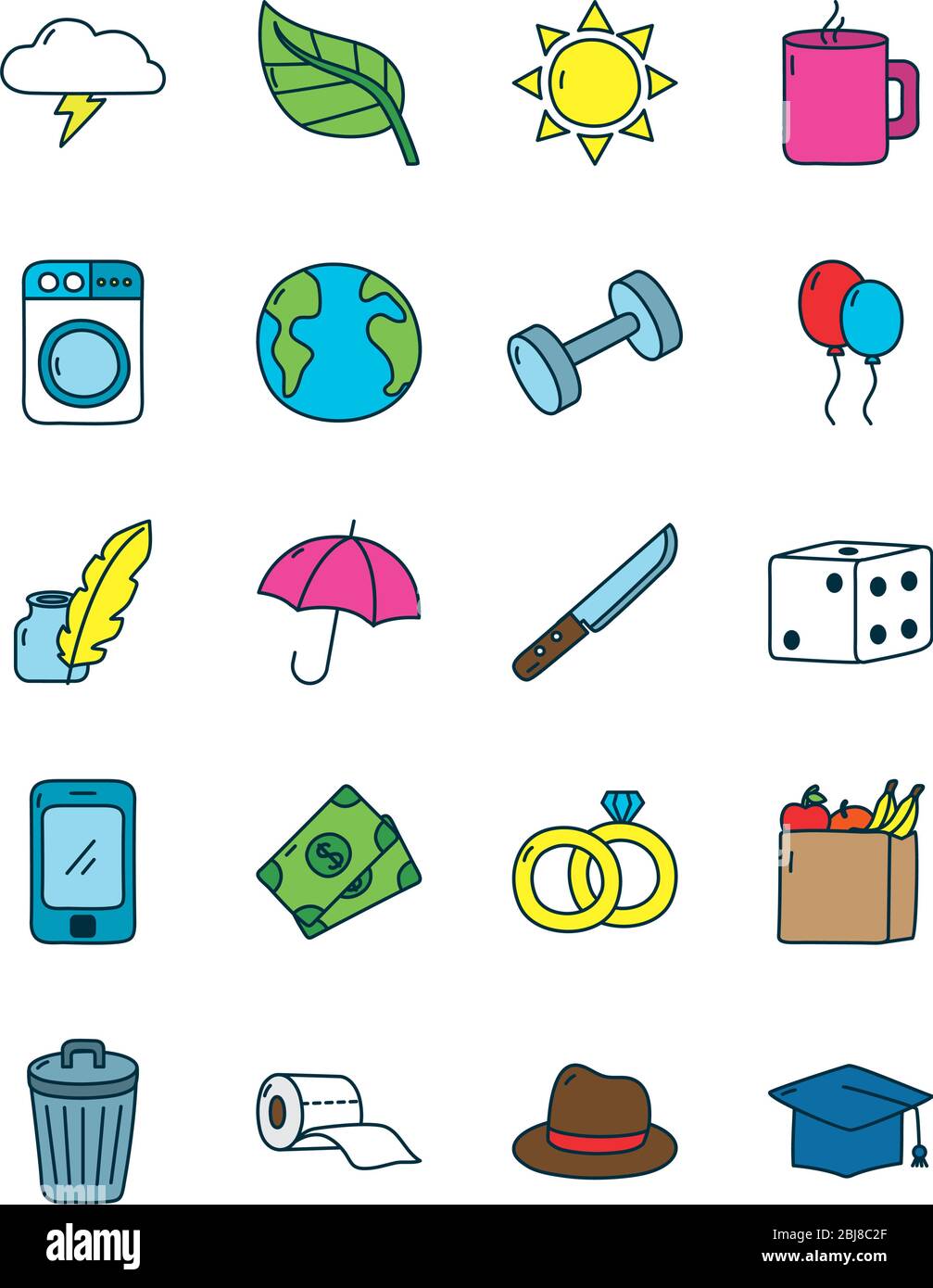 umbrella and everyday things icon set over white background, line and ...