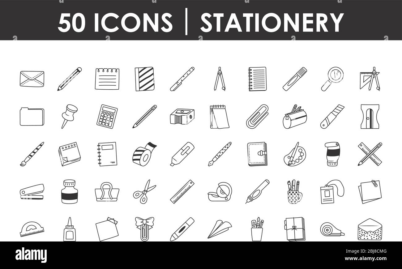 stationary icon set over white background, line style, vector ...