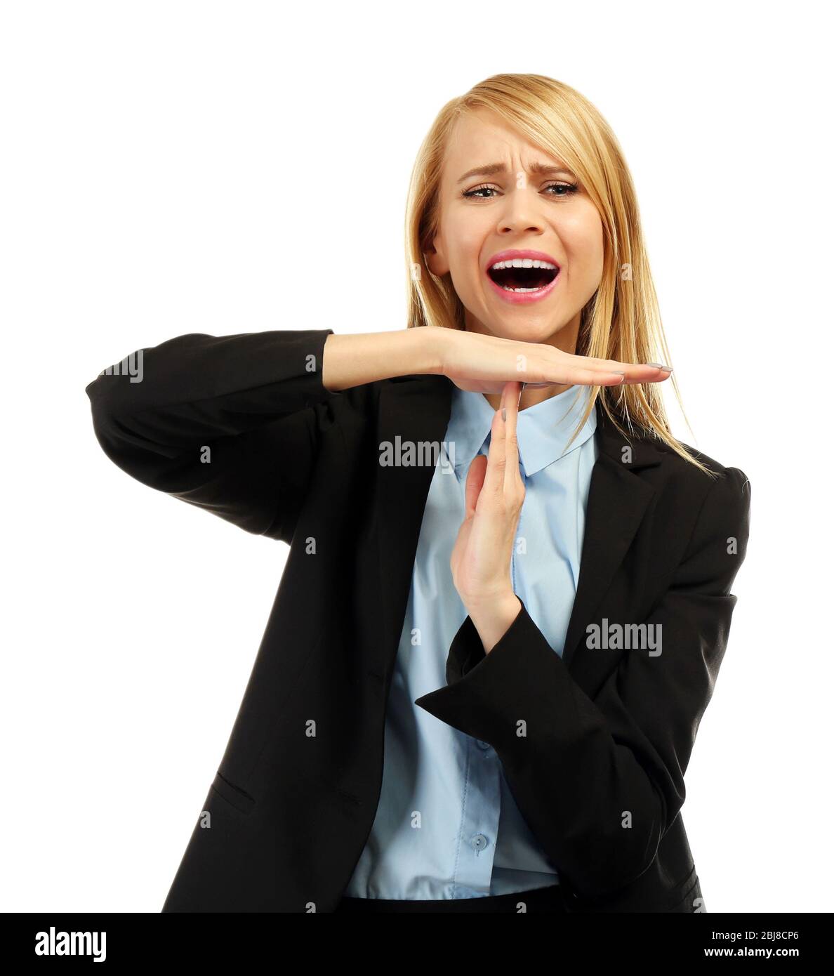 Stressed businesswoman takes a break, isolated on white Stock Photo - Alamy