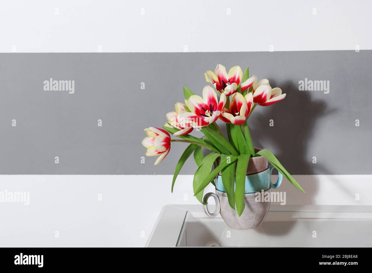 Bouquet of variegated tulips near striped wall Stock Photo - Alamy