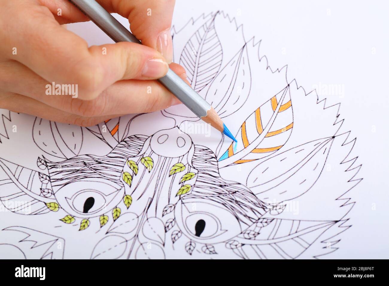 Female hand drawing with crayon in adult anti stress coloring closeup ...
