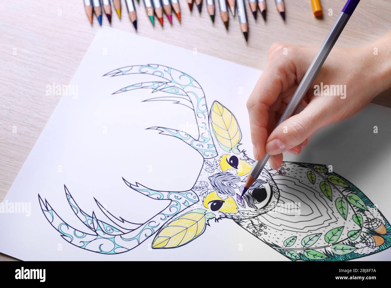 Female hand drawing with crayon in adult anti stress coloring closeup ...