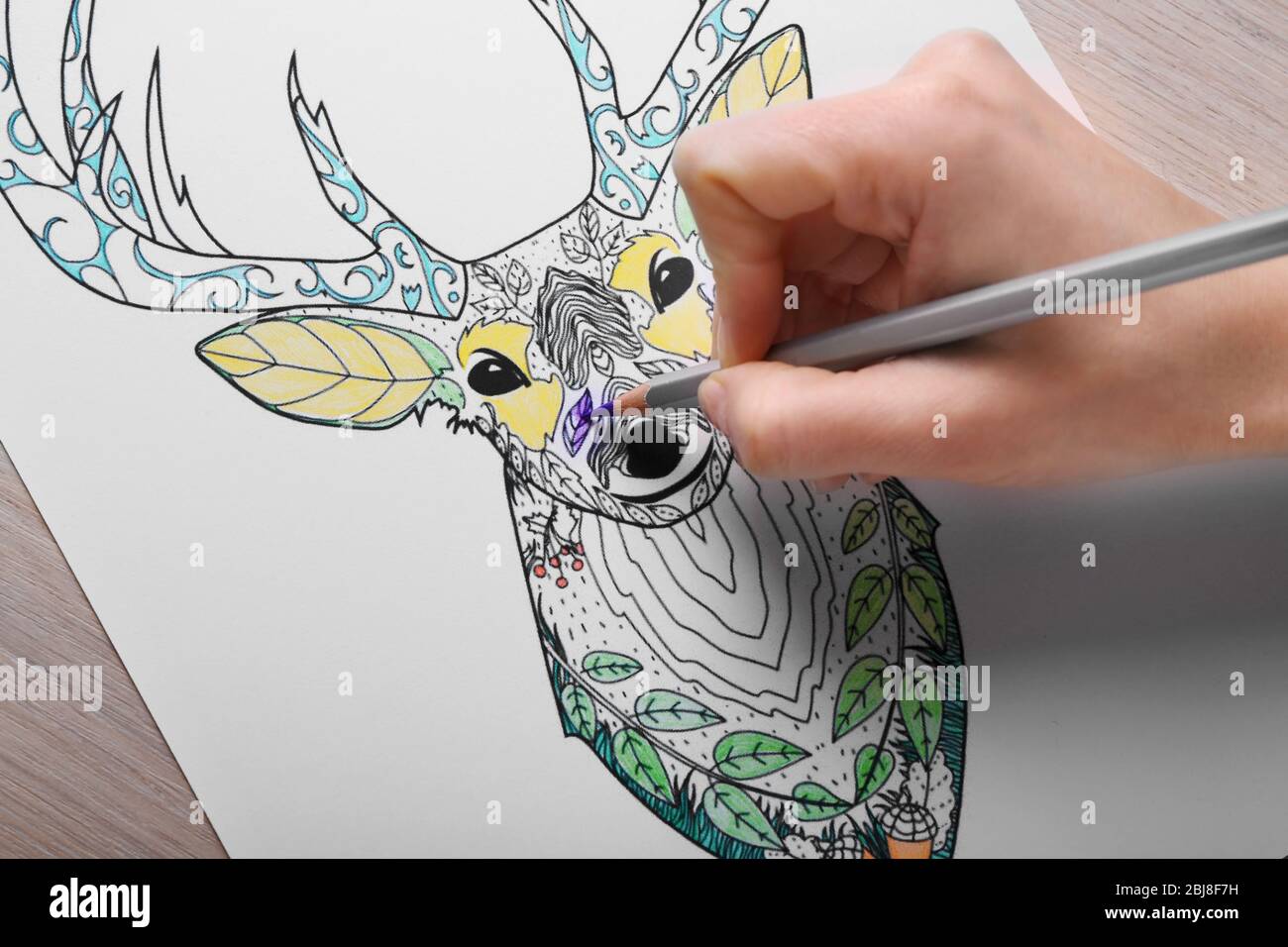 Female hand drawing with crayon in adult anti stress coloring closeup ...