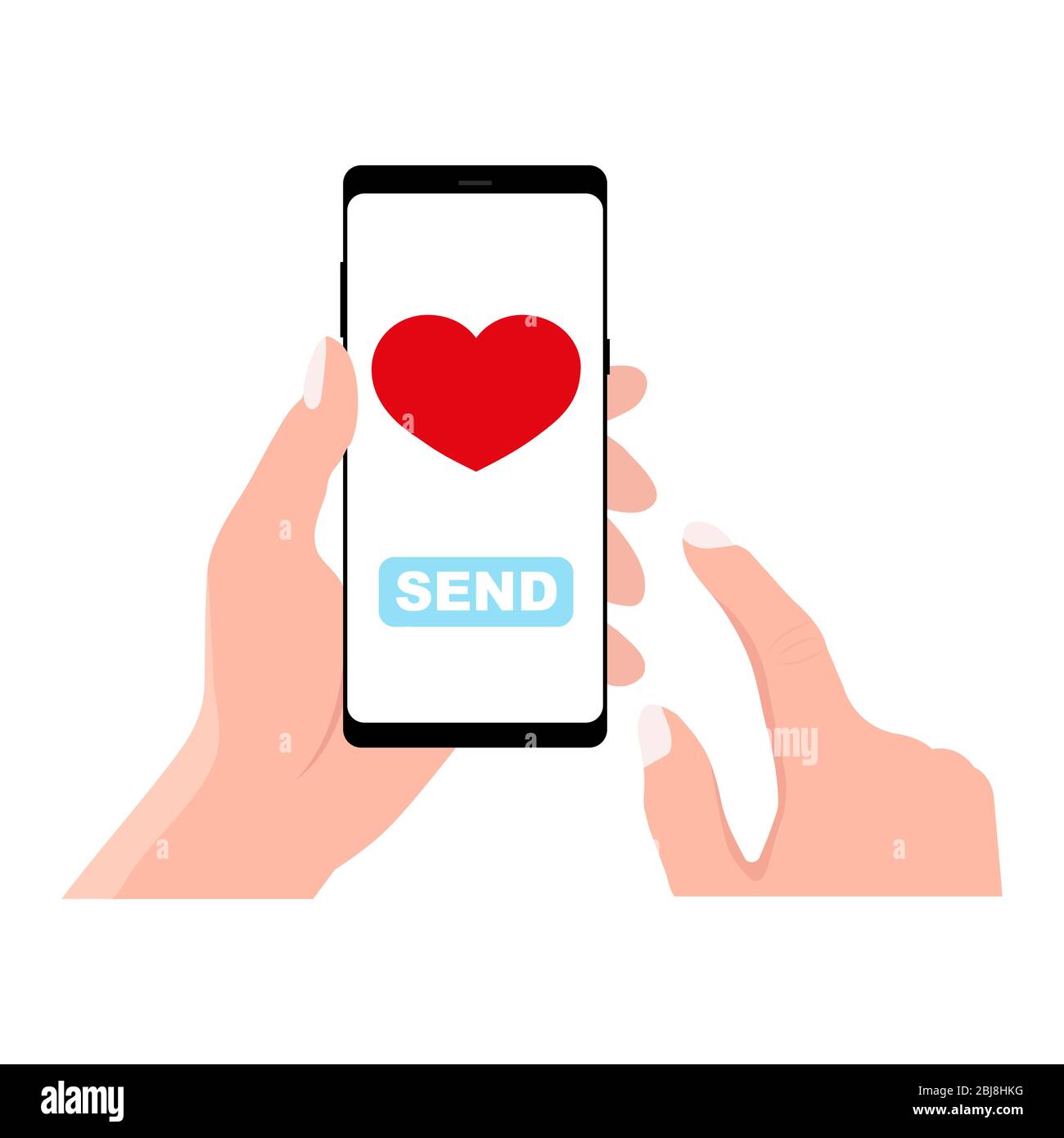 Sending love message concept. Hand holding phone with heart, send ...