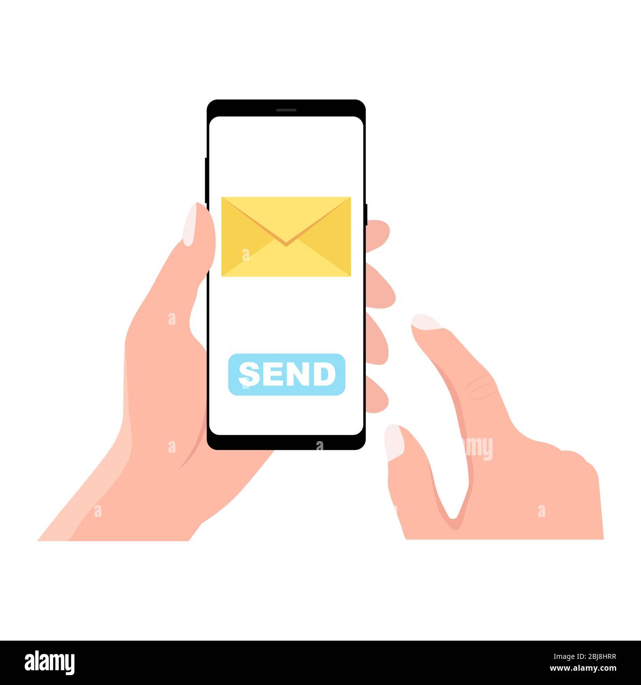 Hand holding phone with message envelope. Finger touch screen. Sending ...