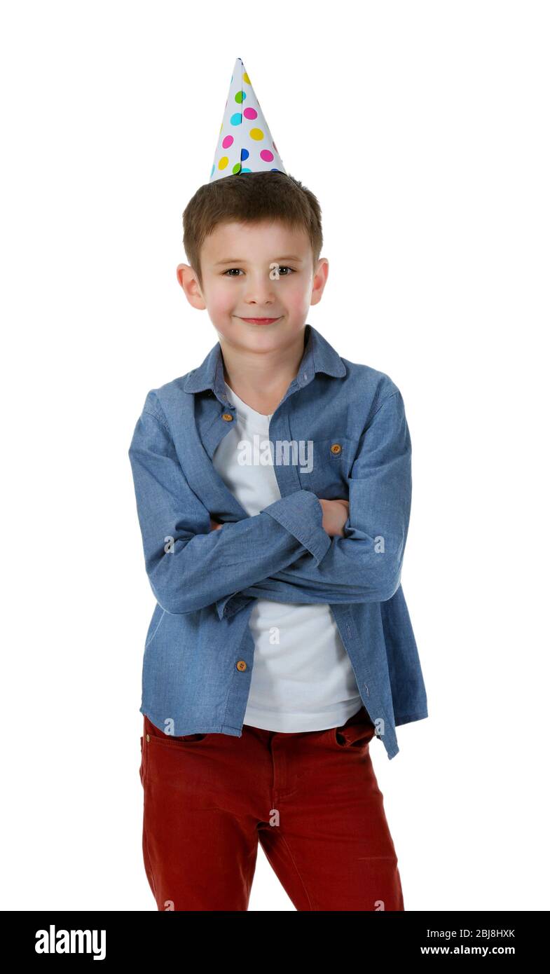 Little cute boy in birthday cap, isolated on white Stock Photo - Alamy