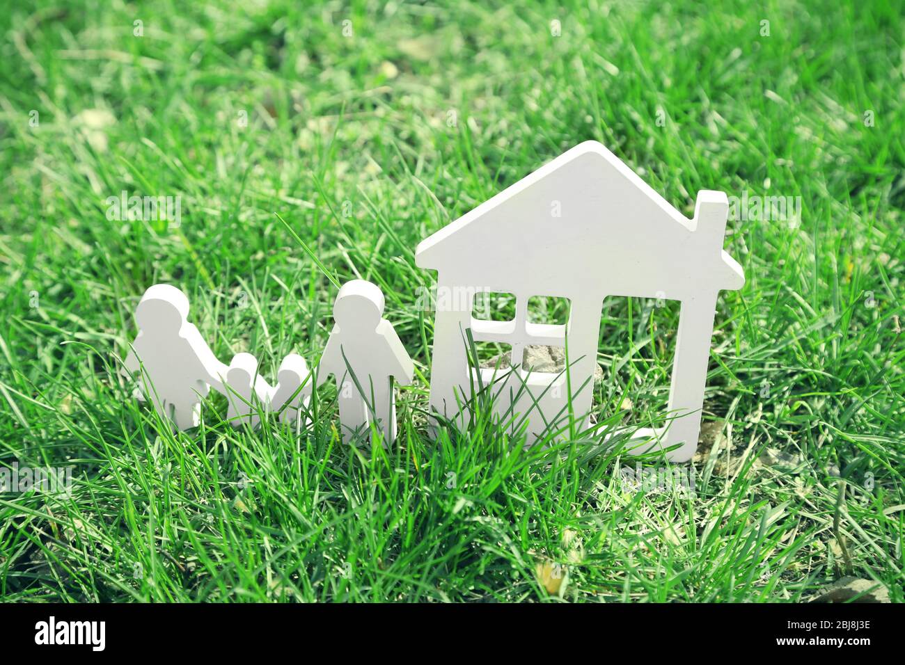Figures of house and family on green spring grass Stock Photo - Alamy