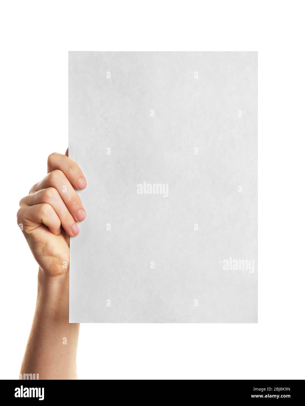 Male hand holding clean sheet of paper, isolated on white Stock Photo ...