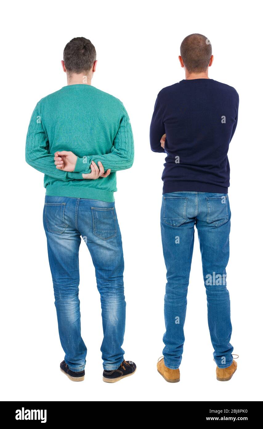 Back view two man in sweater. Rear view people collection. backside ...