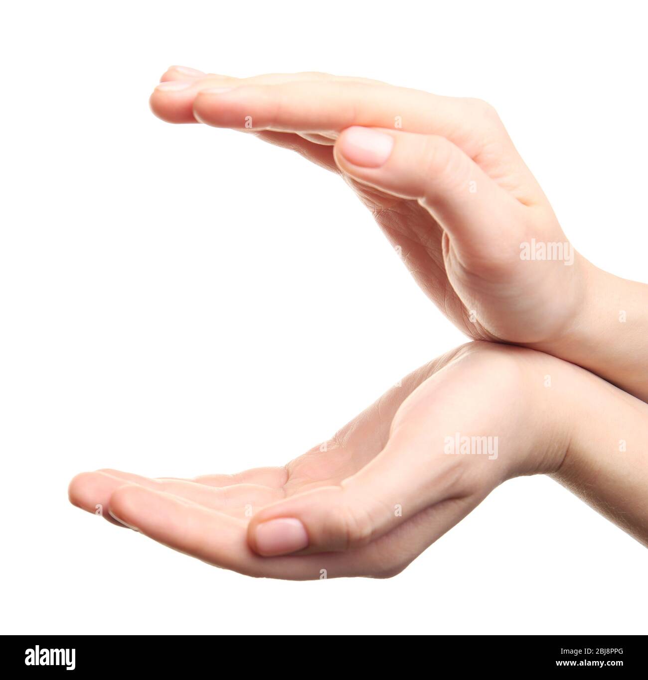 Two open female hands on white background Stock Photo - Alamy