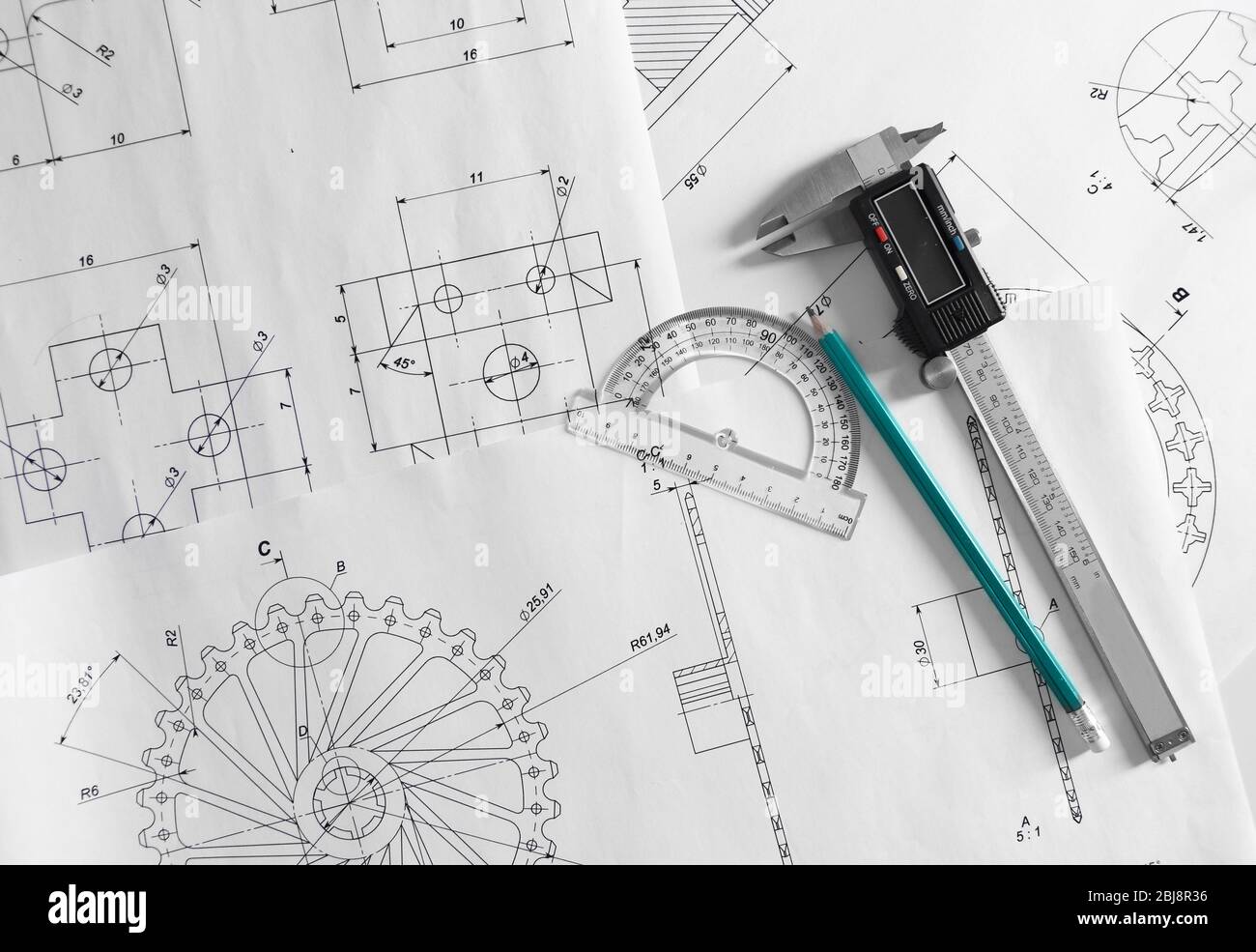 Set of engineering drawings, top view Stock Photo - Alamy
