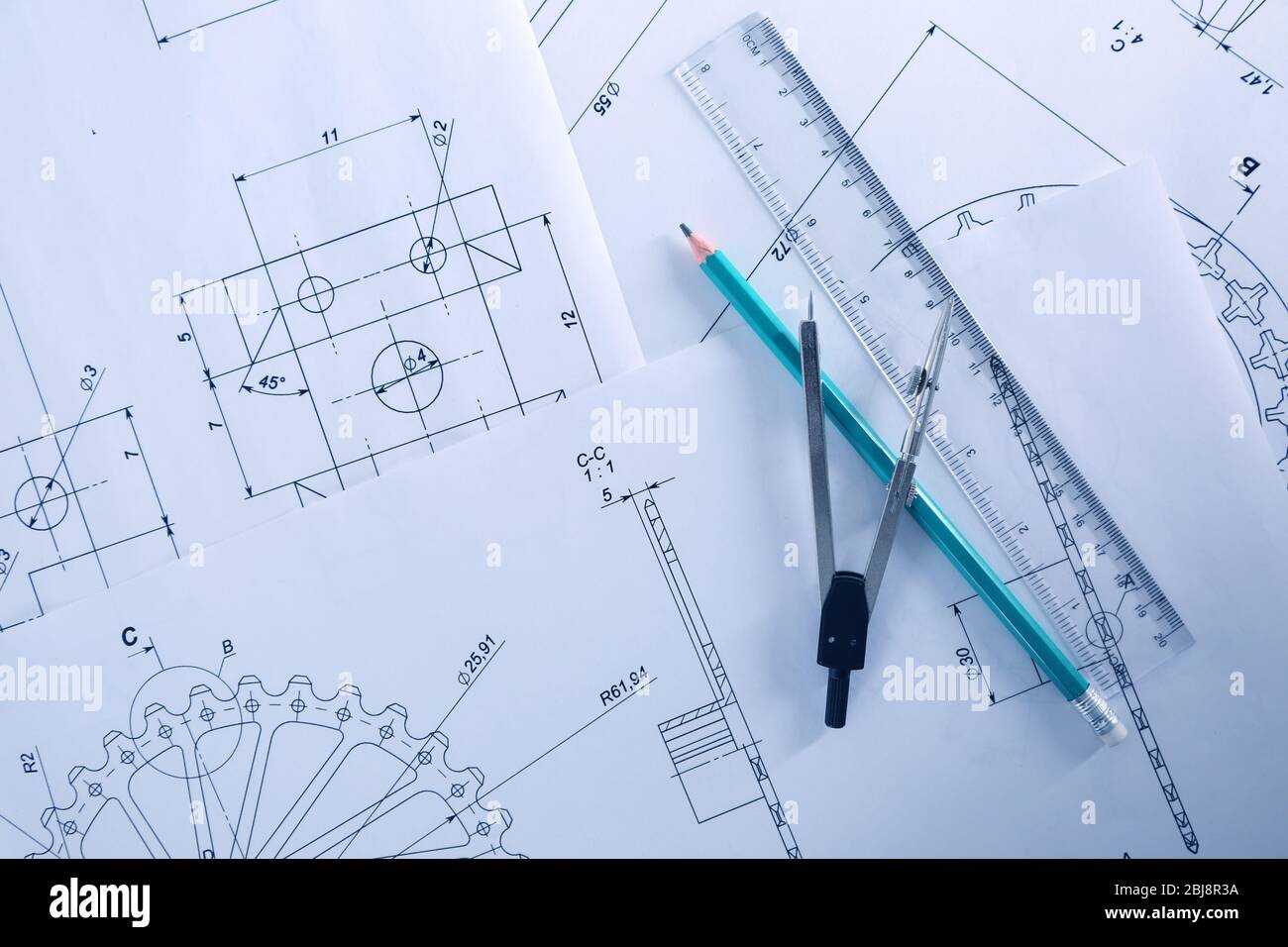 Set of engineering drawings, top view Stock Photo - Alamy