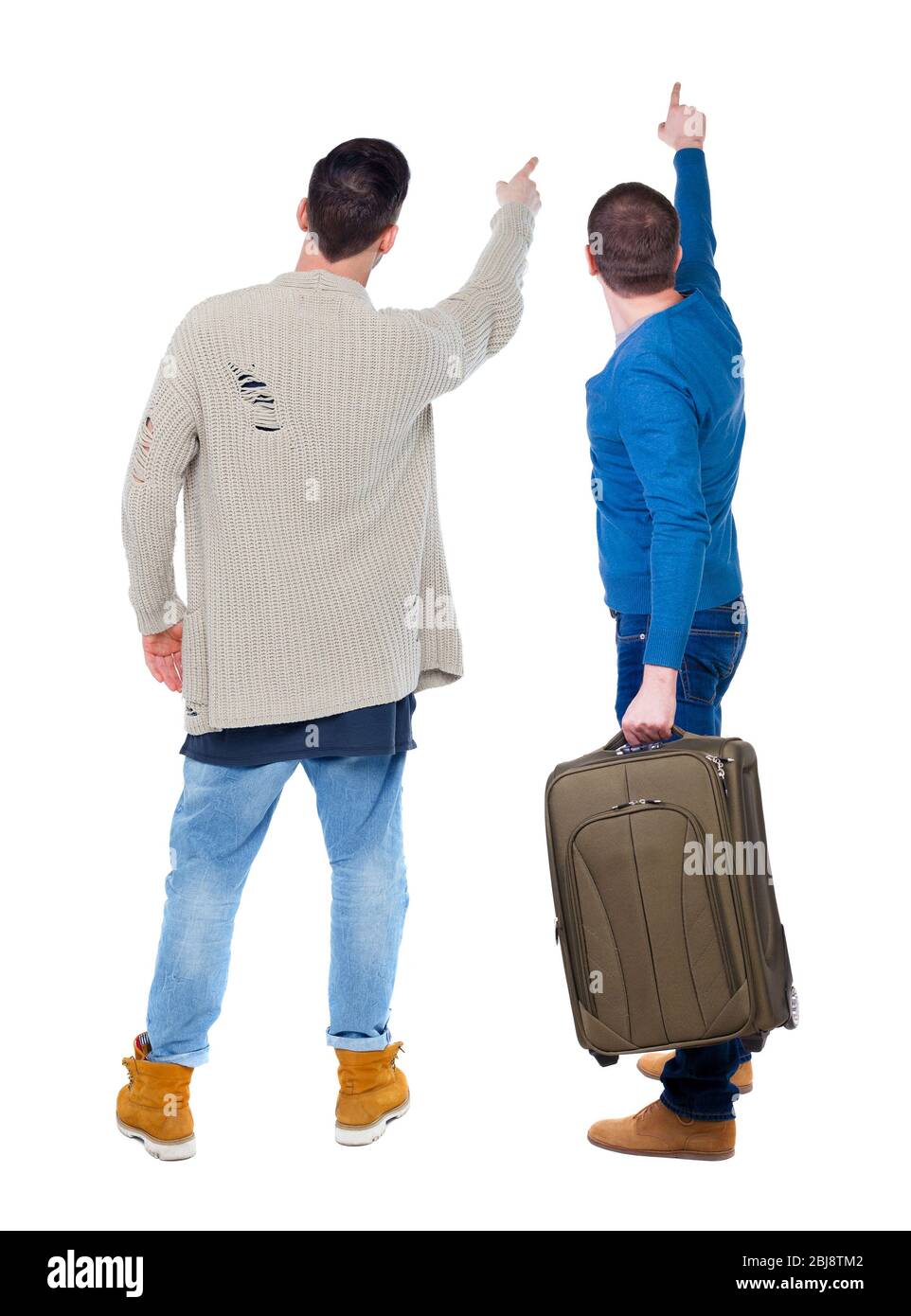 Back view of two man in sweater with suitcas. Back view. Rear view ...