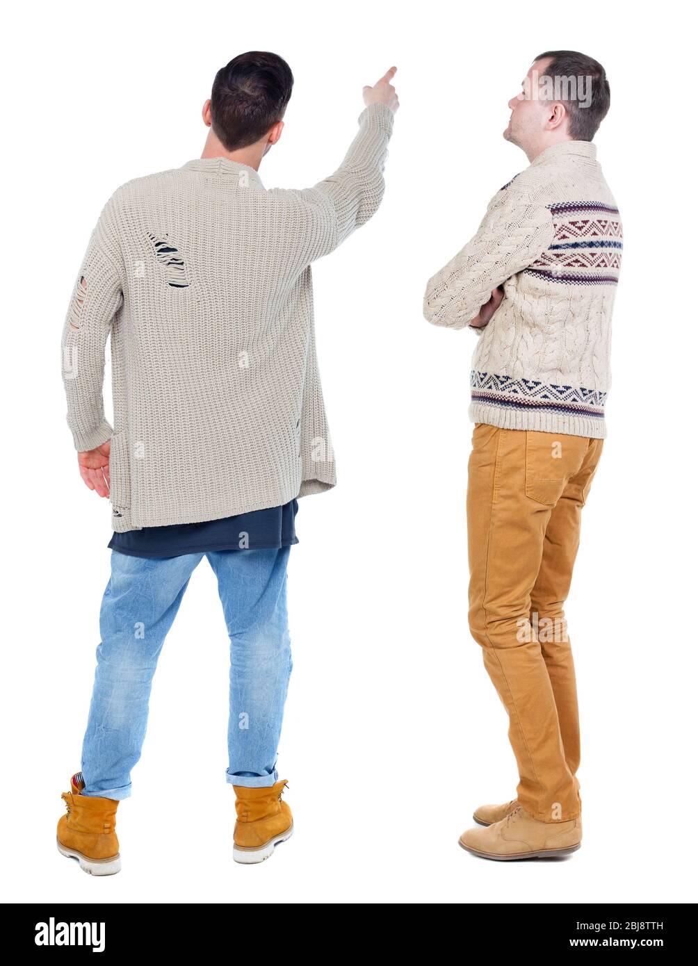 Back view of two man in sweater pointing. Rear view people collection ...