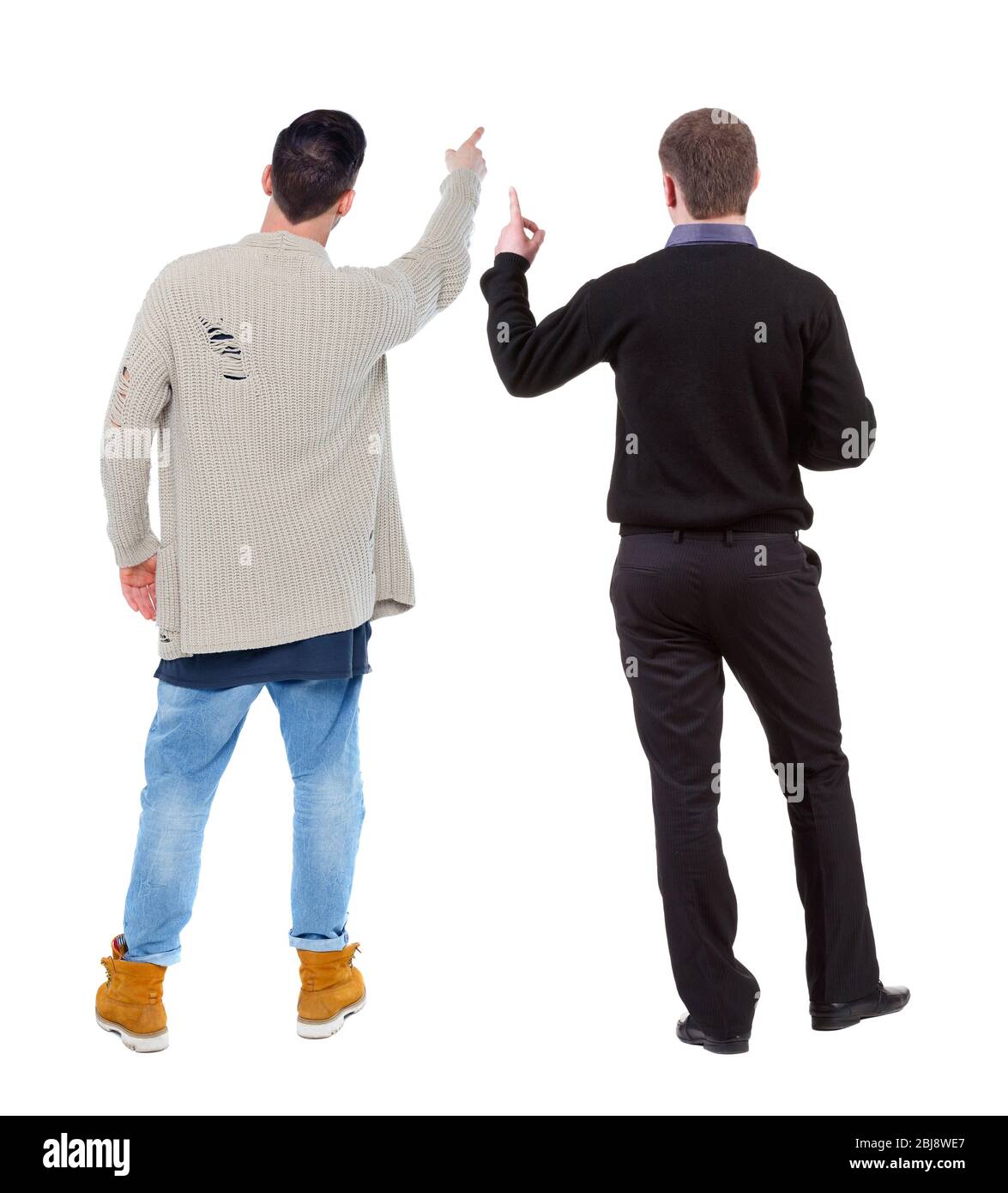 Back view of two man in sweater pointing. Rear view people collection ...