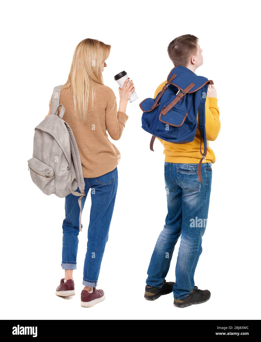 Back view couple in sweater. beautiful man and woman. Rear view people ...