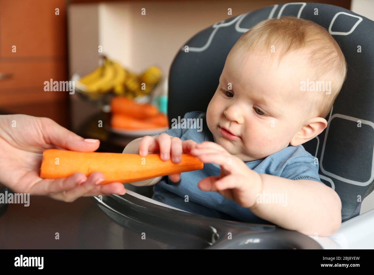 Female hand giving carrot to a baby in a chair Stock Photo - Alamy