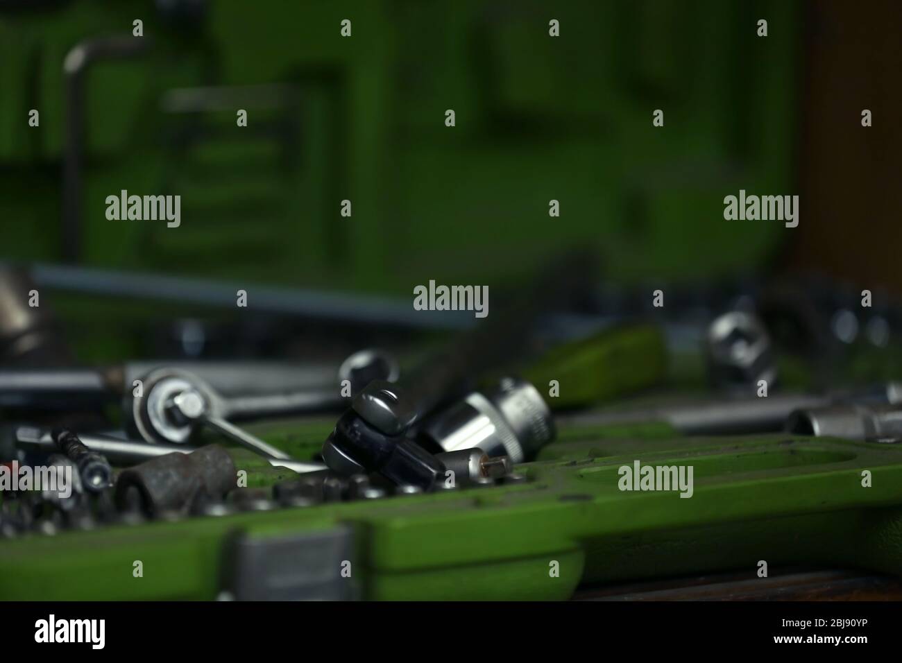 Set of working instrument in garage Stock Photo - Alamy