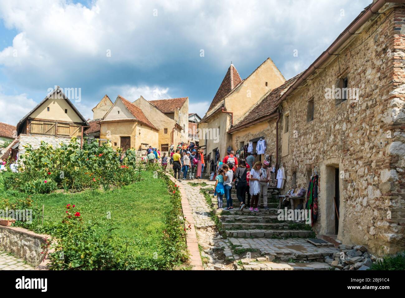 Houses from the triangular tower, Rasnov Citadel, Brasov, Romania Stock ...