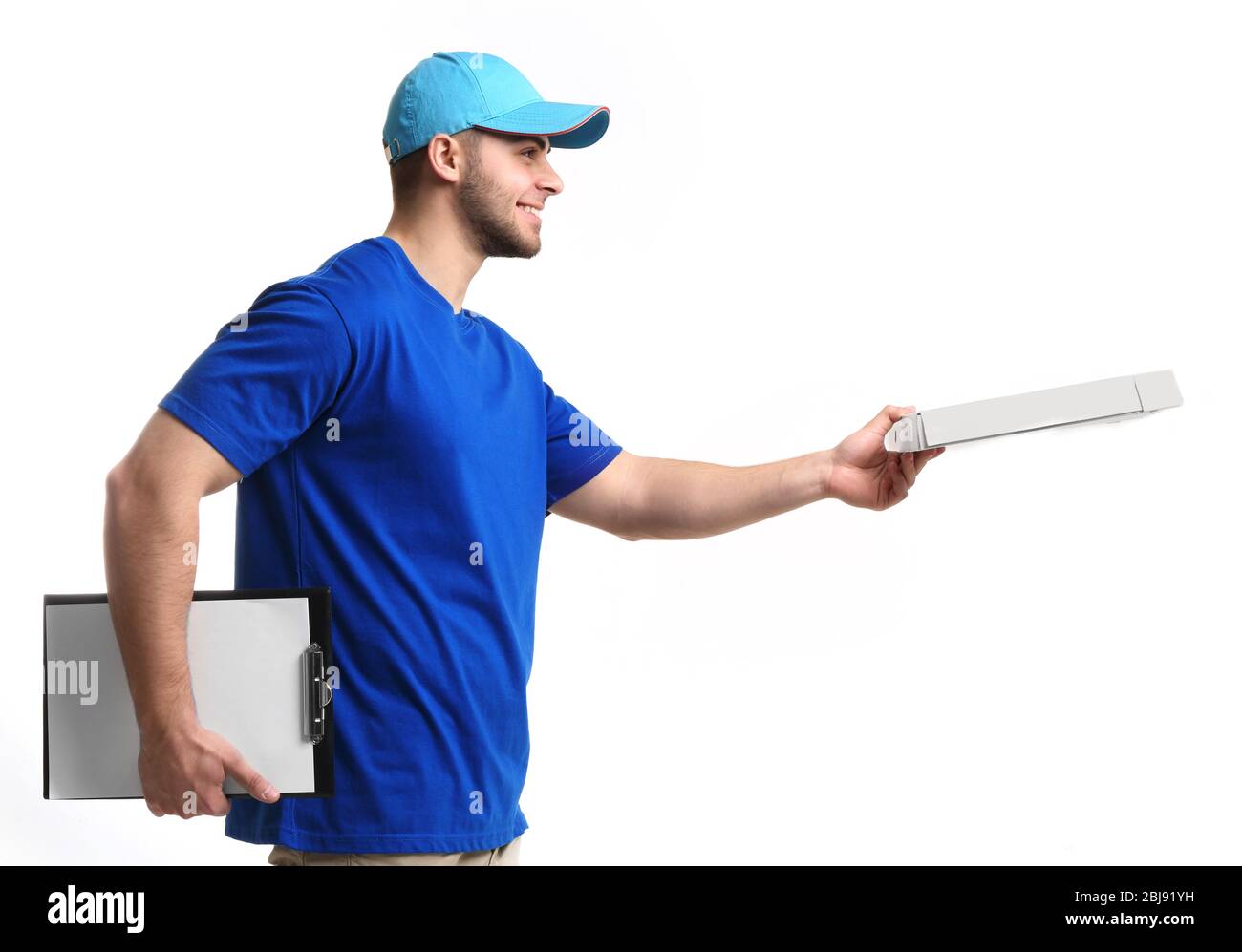 Young man giving pizza isolated on white Stock Photo - Alamy
