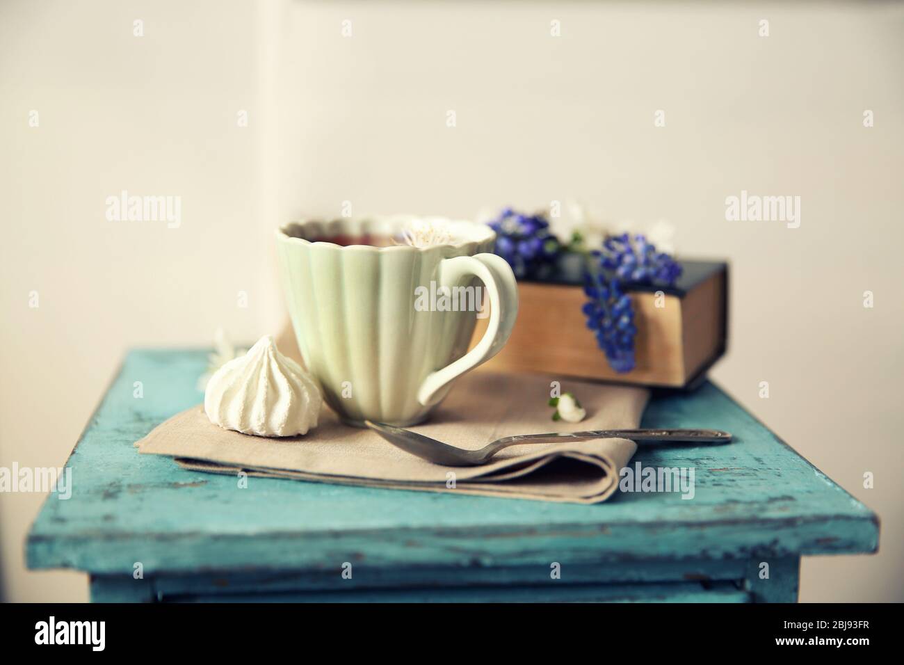 Cup of tea on wooden stool Stock Photo - Alamy