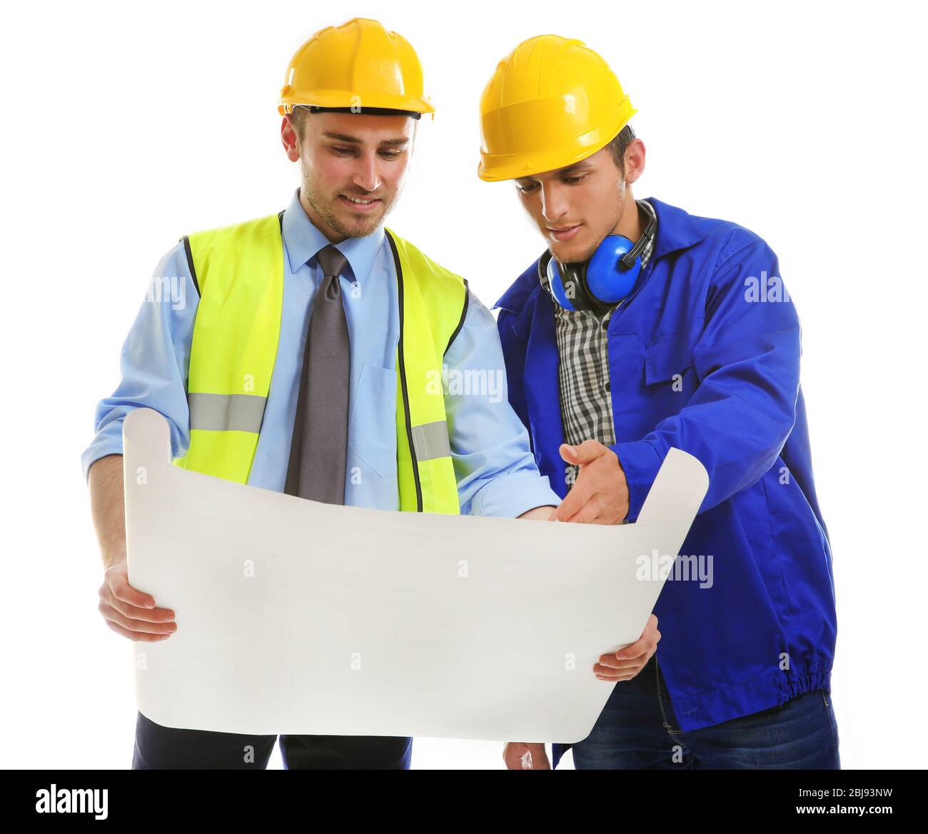 Two engineers discussing project isolated on white Stock Photo - Alamy