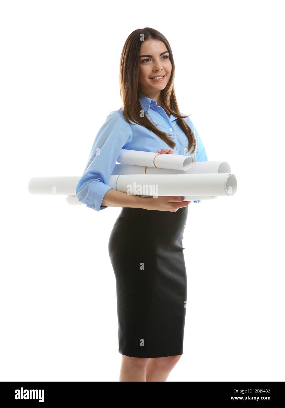 Woman holding engineering blueprints isolated on white Stock Photo - Alamy