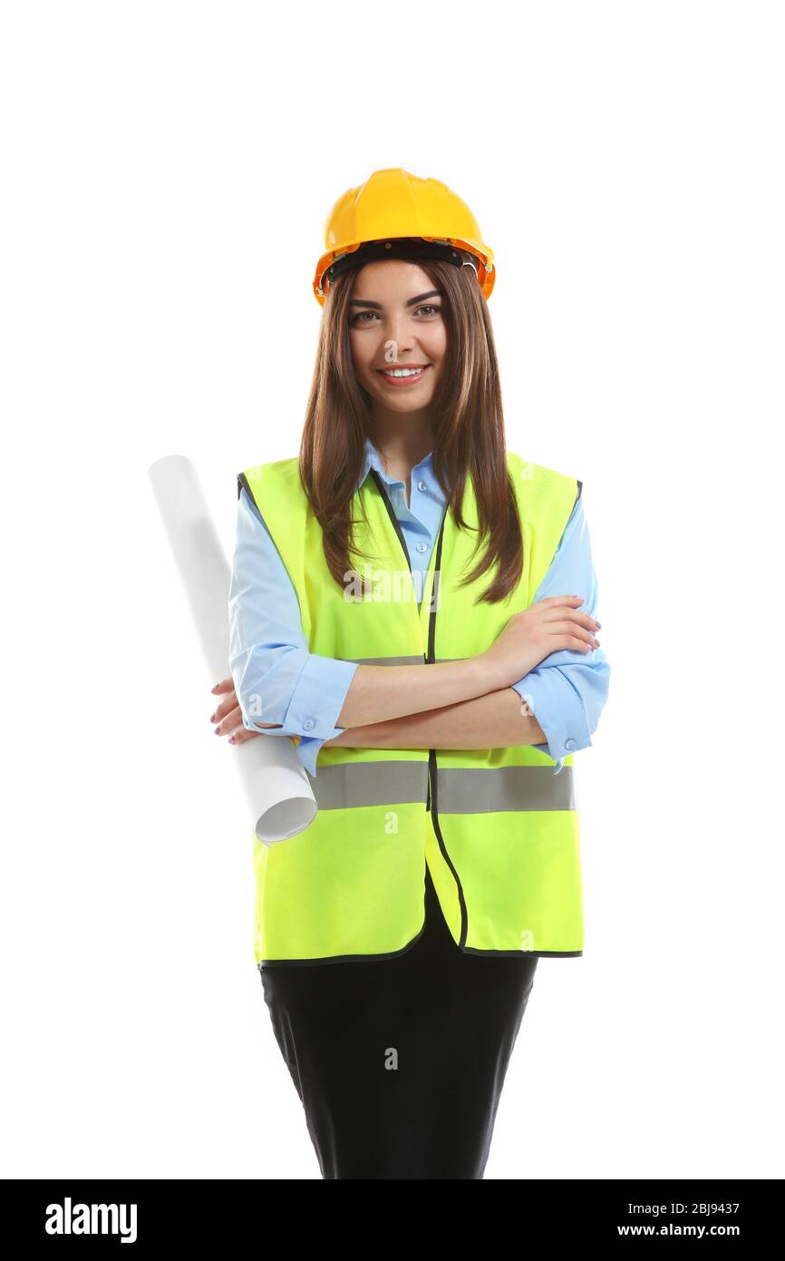 Female engineer in vest and helmet holding rolled blueprint isolated on ...