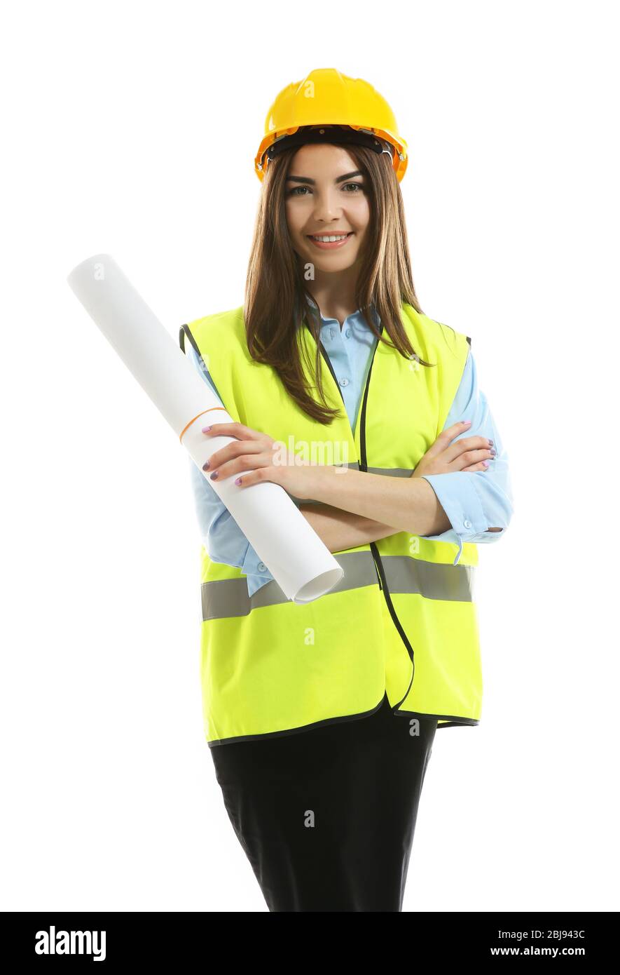 Female engineer in vest and helmet holding rolled blueprint isolated on ...